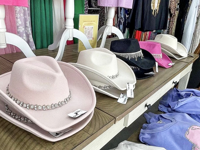 In Texas, even the cowboy hats get a second chance. These rhinestone-adorned beauties are ready for their next rodeo or country concert.