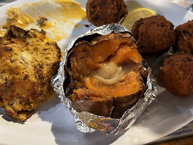 This isn&rsquo;t just a baked potato&mdash;it&rsquo;s a vessel for seafood treasure, crowned with a golden crab cake and wrapped in foil like the gift to your taste buds it truly is.