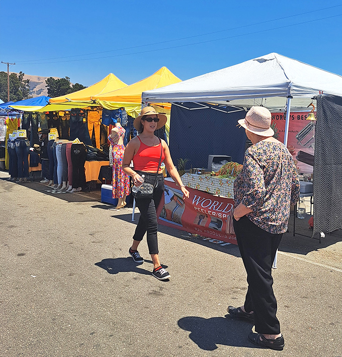 Shoppers navigate the market's offerings under perfect California skies &ndash; the human version of bees finding flowers in a garden.