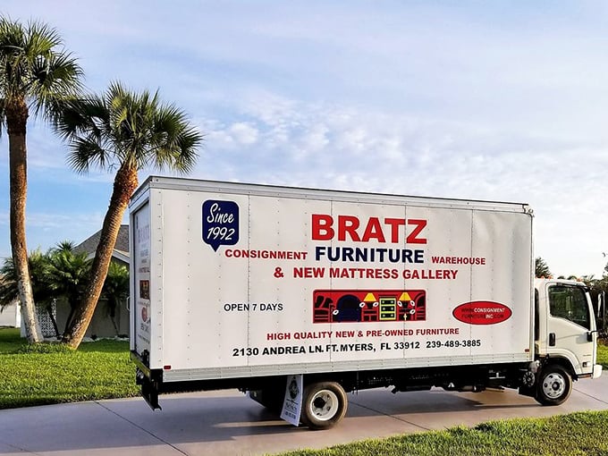 The delivery truck&mdash;a mobile billboard promising furniture salvation&mdash;stands ready to rescue your finds from the awkward "will it fit in my sedan?" dilemma.