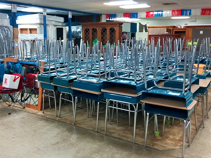 An army of classroom chairs stands at attention, ready to support the next generation of students or your impromptu pandemic home office.