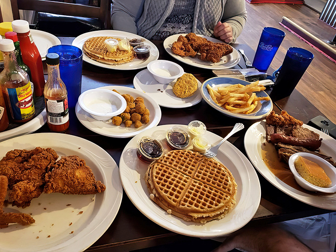A table that tells the whole story: this isn't just a meal, it's an event. When plates outnumber people, you know you're doing something right.
