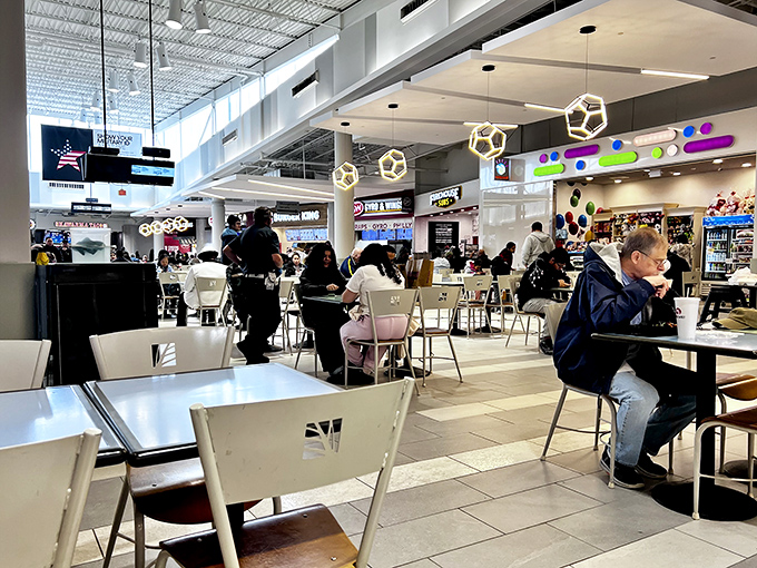 Modern dining spaces offer respite where weary shoppers can plot their next retail conquest strategy.