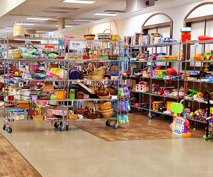A colorful chaos of household items that would make Marie Kondo simultaneously faint and feel strangely at home.