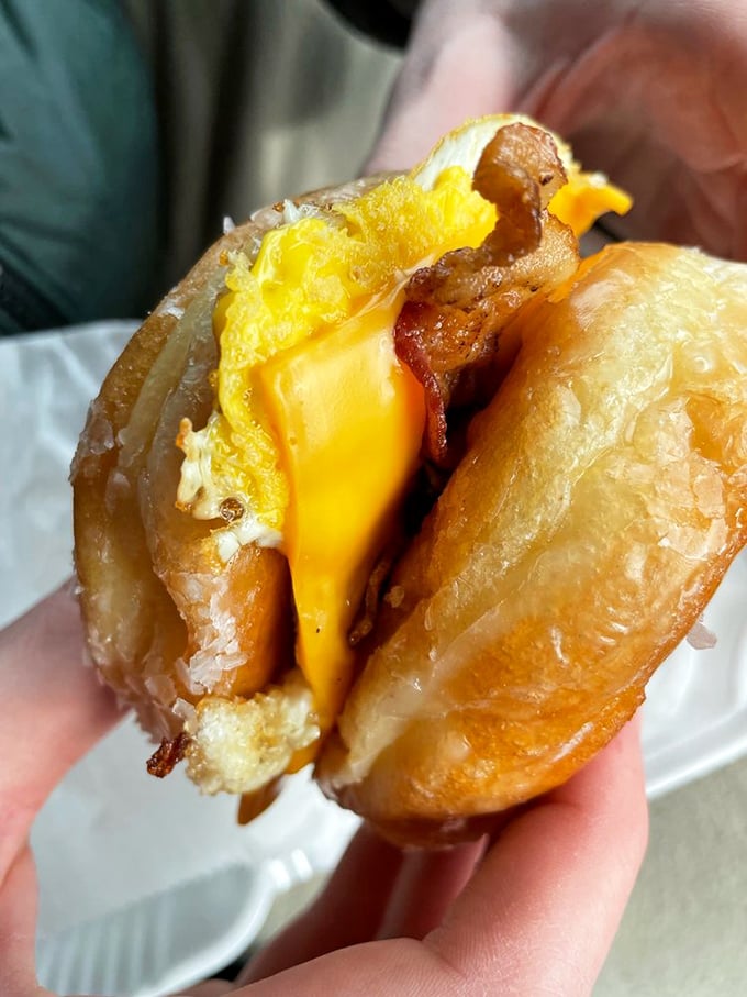 Breakfast innovation at its finest: a glazed donut sandwich with egg, cheese and bacon that makes you question all your life choices&mdash;in the best way.