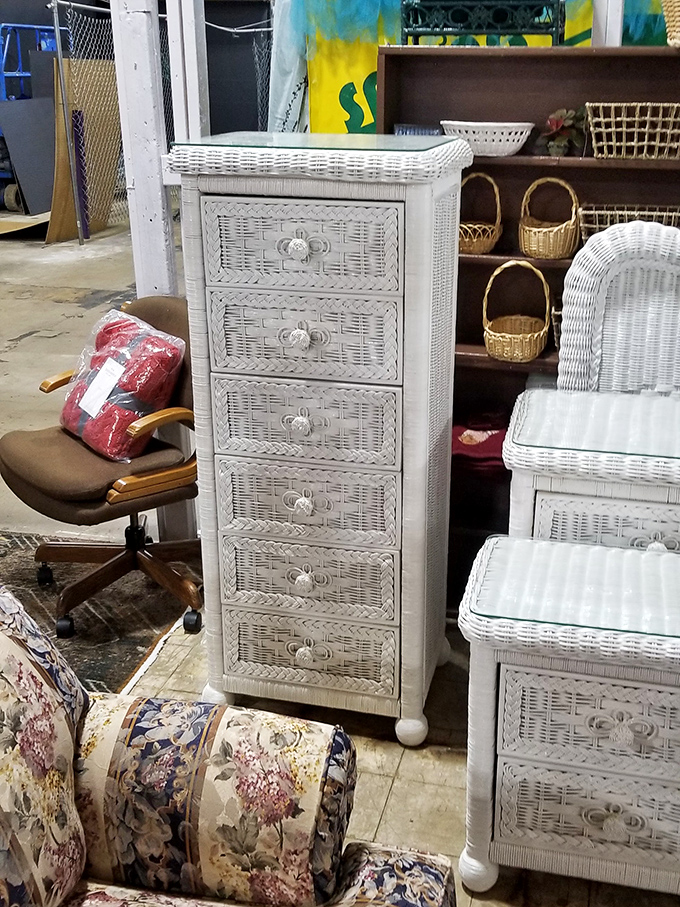 This white wicker dresser isn't just furniture; it's the beginning of someone's beach house fantasy or cottage core dream come true.