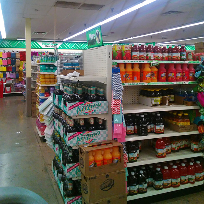 Arizona Tea in its natural habitat! The beverage aisle quenches desert thirsts with an impressive array of familiar brands.