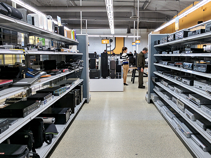 Electronics paradise where audiophiles and tech tinkerers converge. Vintage stereo equipment that survived the digital revolution waits for its analog renaissance.