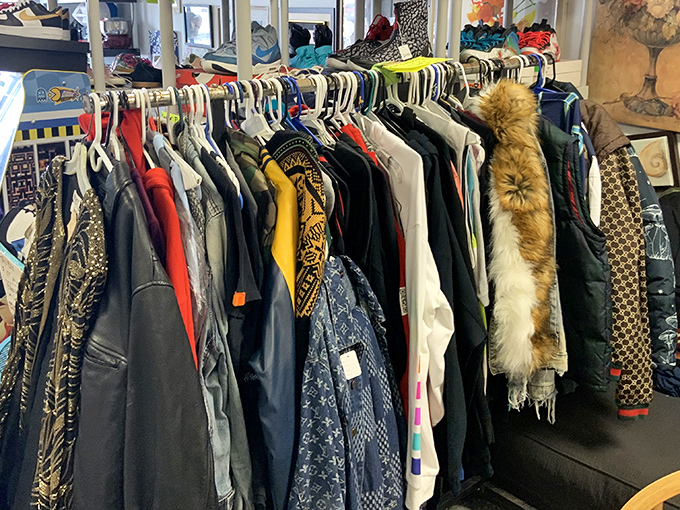 The clothing rack &ndash; where vintage leather meets fur trim and patterns that tell stories of decades past, waiting for their second act.