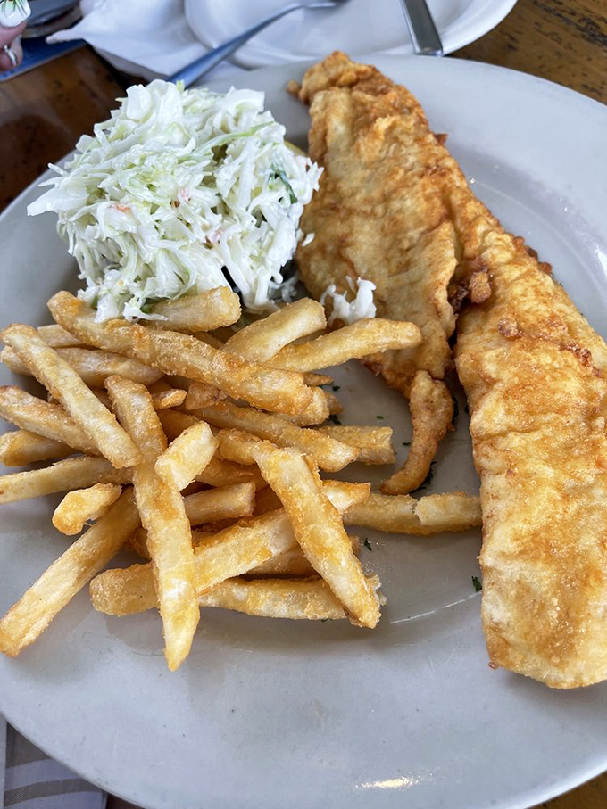 Fish and chips done right &ndash; a golden-battered fish fillet that breaks apart with the gentlest fork pressure, alongside crispy fries and classic coleslaw.