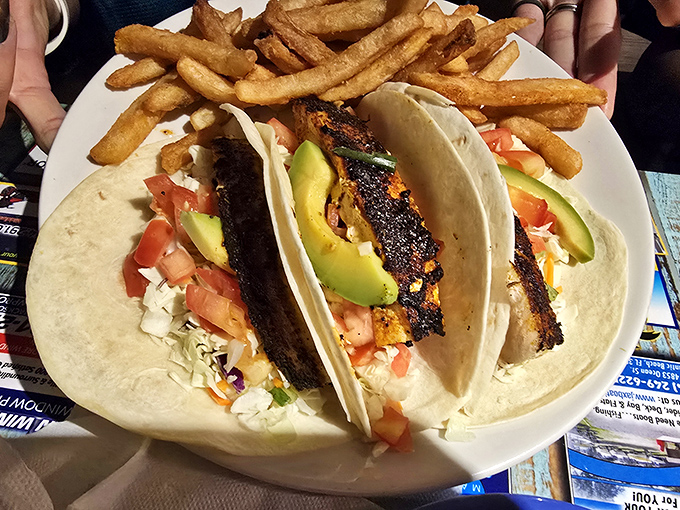 Fish tacos so perfectly blackened, they've clearly graduated with honors from the Florida Seafood Academy.