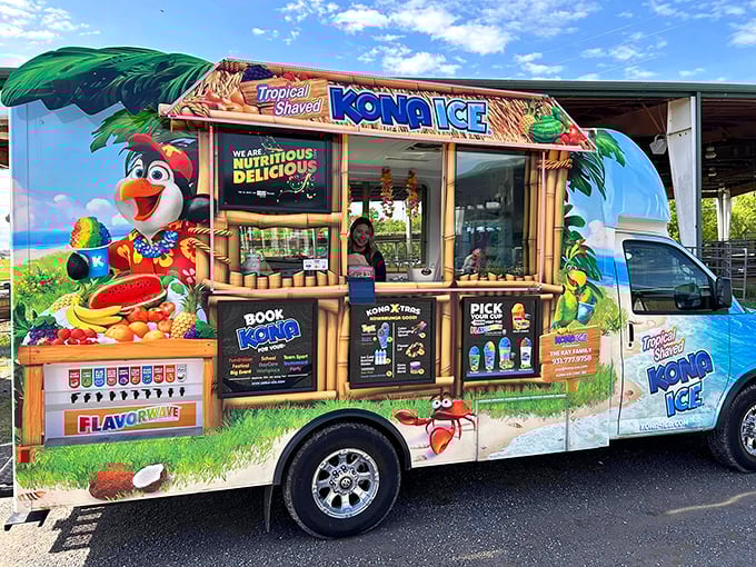 The Kona Ice truck – because nothing fuels antiquing stamina like a rainbow-colored shaved ice that turns your tongue blue and your energy level to maximum.