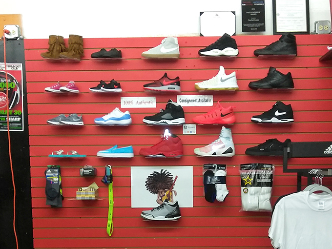 Sneakerheads, rejoice! This wall of footwear offers everything from practical runners to collectible kicks that might fund your retirement someday.