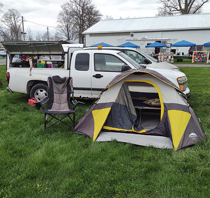 The dedicated vendor's mobile setup complete with tent. Some sellers are so passionate they practically move in for the weekend!