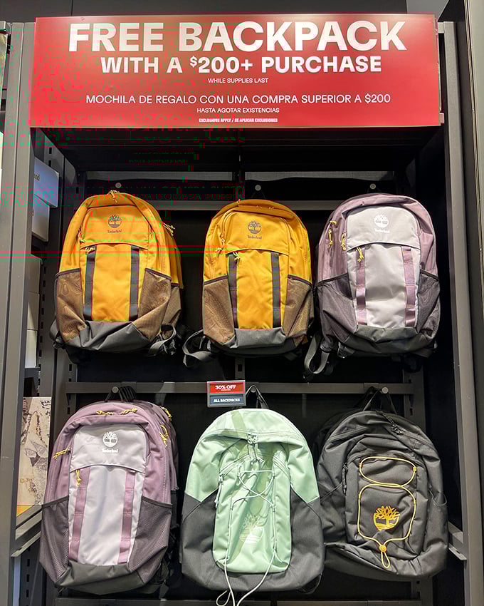Backpack bonanza! Nothing says "I'm a savvy shopper" like getting a free Timberland pack with your already-discounted purchases.