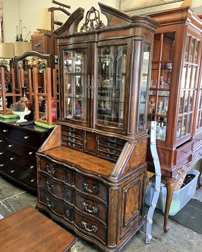 Furniture with gravitas! This ornate secretary desk has witnessed decades of correspondence and stands ready for your Zoom background stardom.