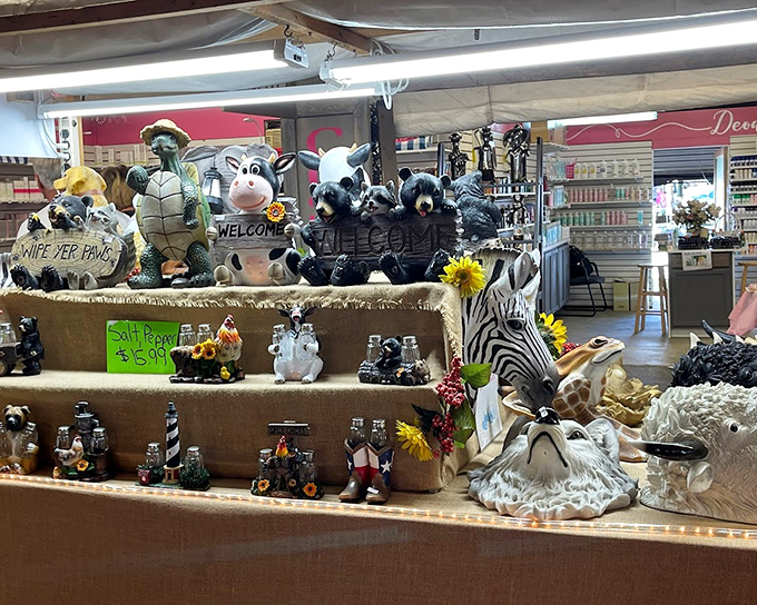 A gift shop explosion where ceramic animals peacefully coexist with items your mother-in-law would absolutely love.