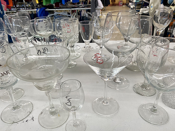 Crystal stemware with handwritten price tags&mdash;because your Two-Buck Chuck deserves to feel fancy sometimes.