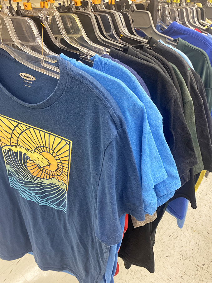 T-shirt racks burst with color and graphic designs&mdash;that blue one with the sunset might just be your next favorite weekend wear.