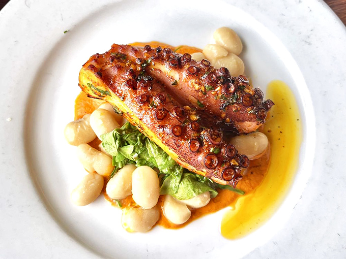 Octopus that's been coaxed into tenderness, not beaten into submission. Served with fingerling potatoes and a view that makes everything taste better.