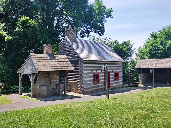 Not everything at the Mercer is concrete castles. This historic log cabin offers a glimpse into the simple life that all those tools inside the museum once supported.