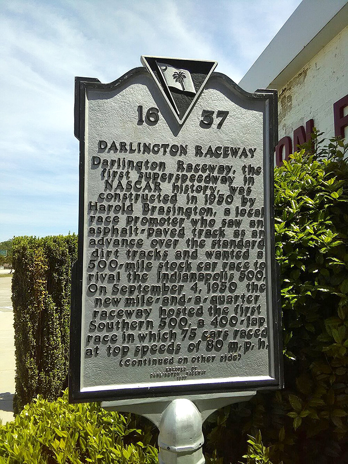 History cast in metal. This historical marker tells the origin story of NASCAR's first superspeedway, where 75 cars once roared at a blistering 80 mph.