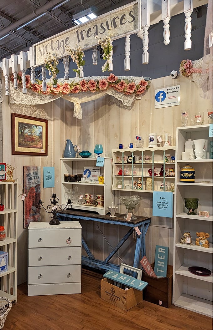 The "Vintage Treasures" booth is like stepping into Grandma's dream parlor, if Grandma had impeccable taste and a flair for shabby-chic design.