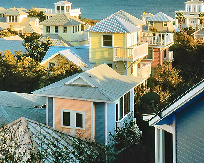 Beach houses dressed in pastels, looking like a box of saltwater taffy came to life and decided to settle down.