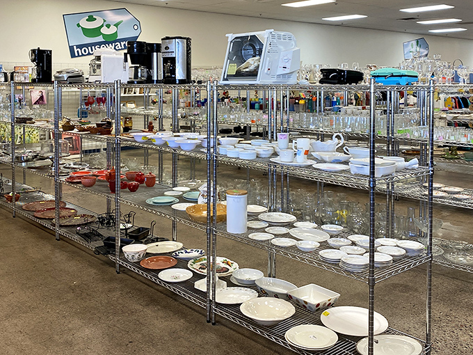 The housewares section: where abandoned bread machines and vintage Pyrex find second chances with practical shoppers.