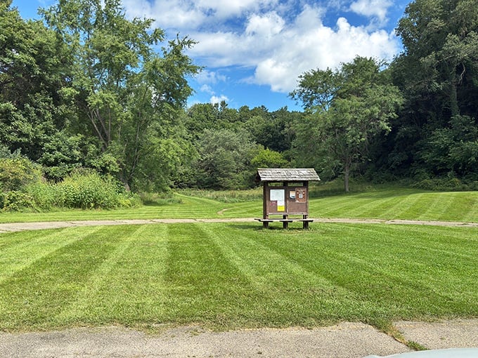 The calm before the adventure. This simple information kiosk stands ready to guide visitors into Wisconsin's hidden geological wonderland.