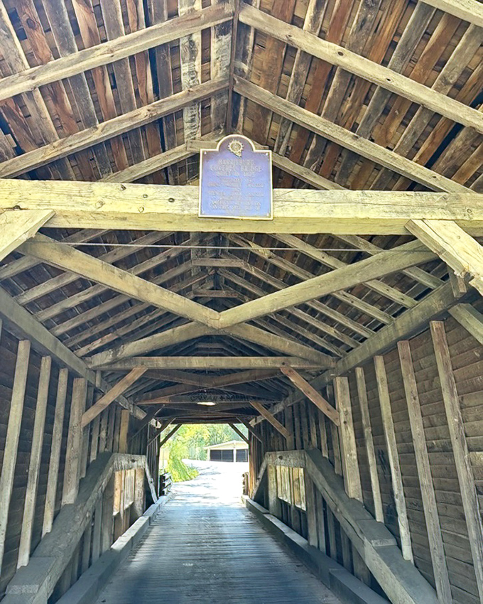 Look up and marvel at the geometric precision. These hand-hewn beams have held their ground since Ulysses S. Grant was president&mdash;talk about job security! 