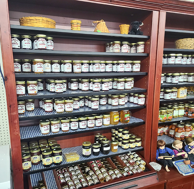 Mason jar paradise where preserves meet presentation. This meticulously organized display would make any pantry perfectionist weak in the knees.