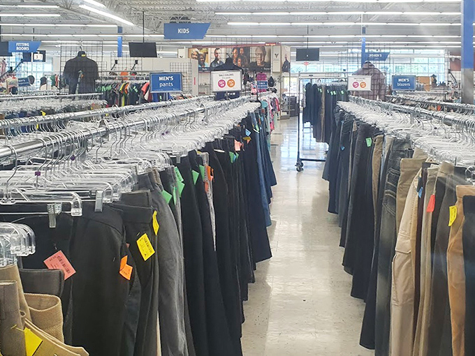 The men's department stands ready for business. These carefully organized racks offer everything from casual weekend wear to interview-ready attire.