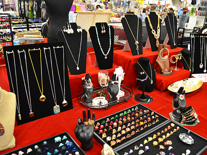 Sparkling jewelry displays offer elegant accessories that add glamour without requiring a second mortgage payment.