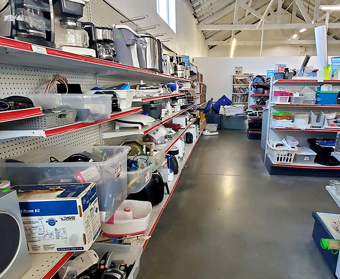 Kitchen appliances line the shelves like a museum of American culinary history&mdash;coffee makers, toasters, and gadgets galore.