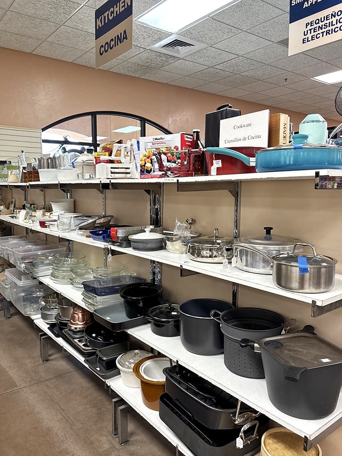 The kitchen section: where forgotten wedding gifts and downsized collections find new purpose. That copper-bottom pot has stories to tell and meals yet to make.