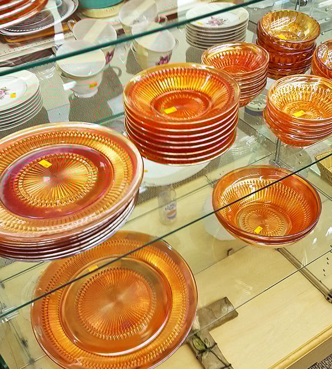 Those amber dishes catch the light like they're auditioning for a role in your grandmother's china cabinet.