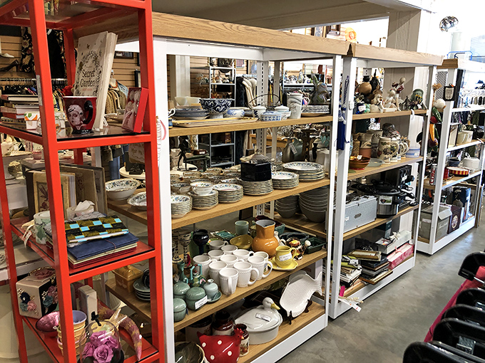 Kitchen dreams materialize: Each shelf offers the promise of that perfect serving platter you never knew you desperately needed until this very moment.