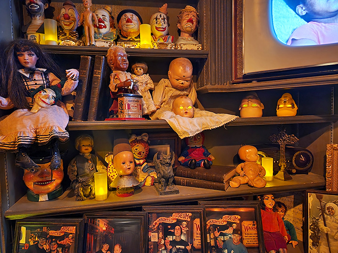 Vintage dolls and clown heads stare from every shelf, a collection that turns "antique shopping" into an Olympic sport of courage.