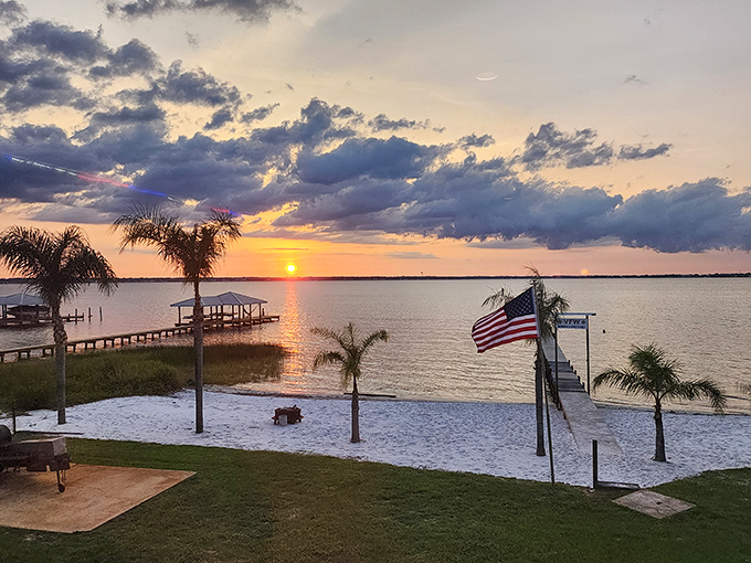 Lakeside sunsets in Sebring come with complimentary palm trees, American flags, and the kind of tranquility that expensive meditation apps try to replicate.