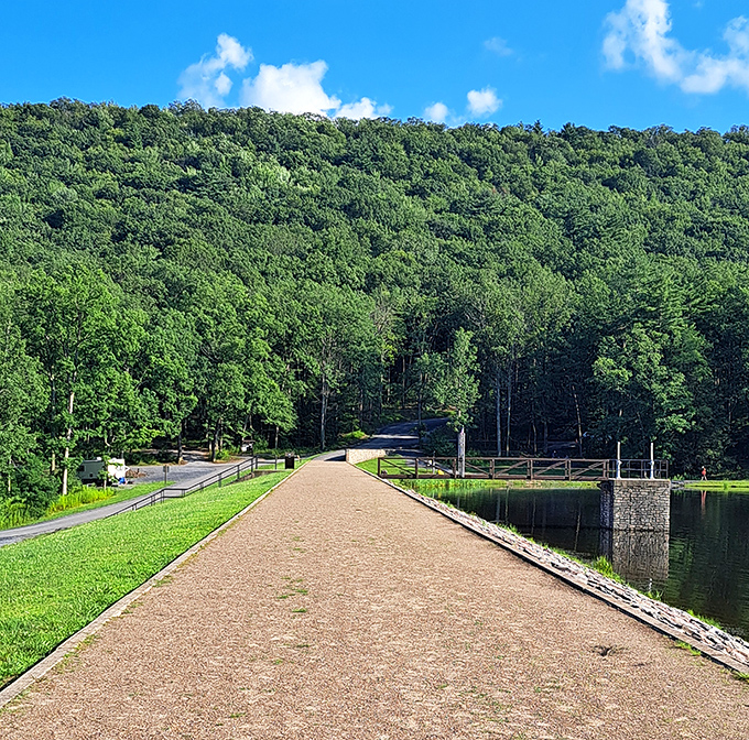 The path less traveled. This lakeside walkway invites visitors to stroll alongside Poe Lake without getting their feet wet.