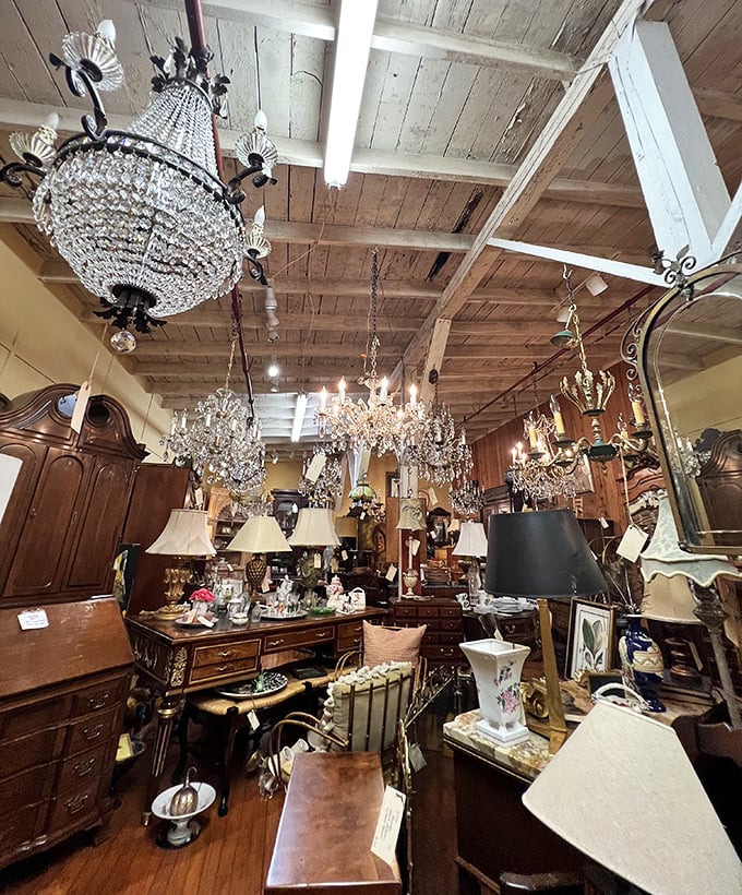Chandelier heaven! More crystal than a Liberace concert, these stunning light fixtures are waiting to class up someone's dining room or very fancy chicken coop.