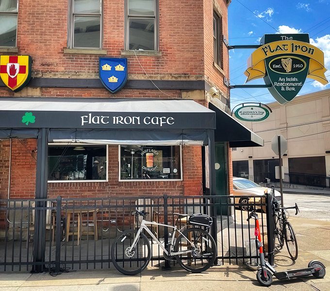 The iconic green and gold signage marks this spot as Cleveland's oldest Irish pub, a beacon for hungry travelers and thirsty locals alike.