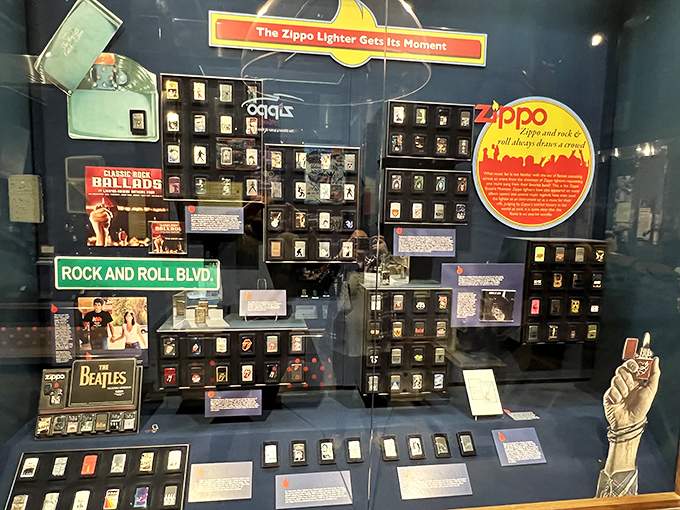 "The Zippo Lighter Gets Its Moment" display celebrates how this humble pocket accessory became a supporting actor in countless Hollywood classics.