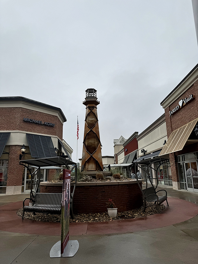 The lighthouse-inspired centerpiece stands as a beacon for lost shoppers and a meeting point for groups separated by different shopping priorities.