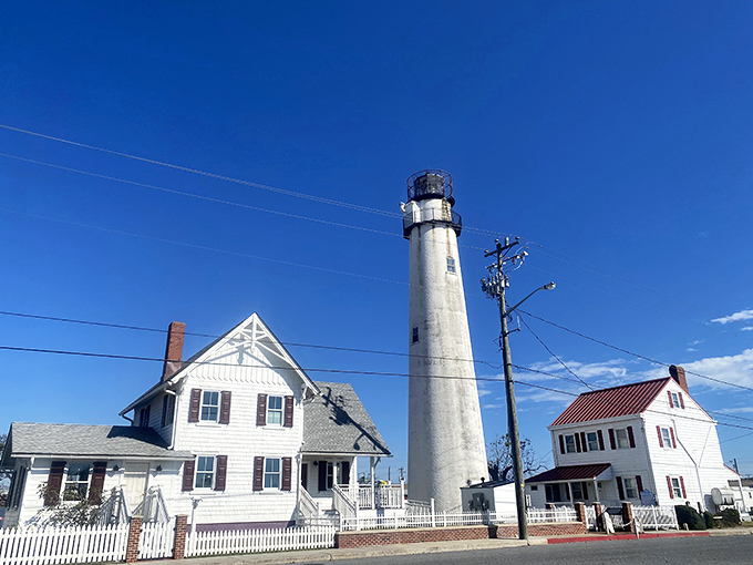 Like a stoic sentinel guarding the coast, the lighthouse stands tall against a backdrop of impossibly blue Delaware skies.