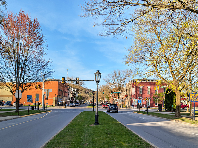 Wellsboro's boulevard design features charming gas lamps down the center, creating a Main Street that refuses to be ordinary.