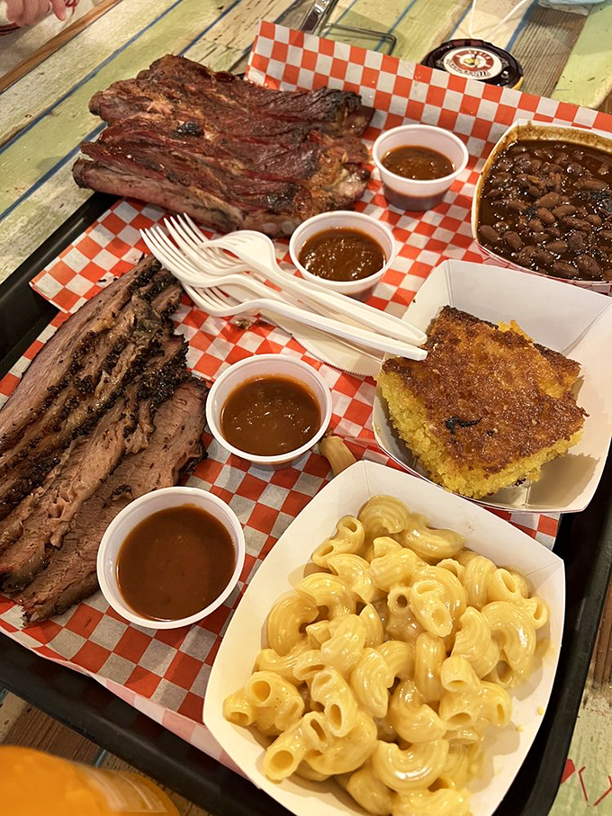 A barbecue spread that would make a vegetarian weep. Those beans alone have more depth than most Hollywood blockbusters.