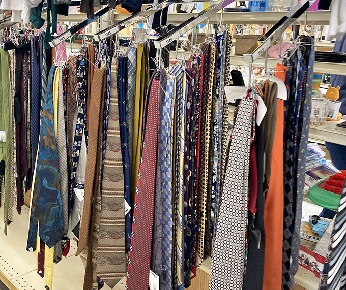 The necktie section: where the 1990s business meeting aesthetic lives on in perpetuity, waiting for either ironic revival or genuine appreciation.