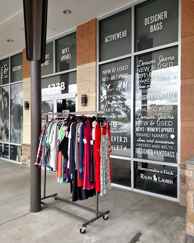 Window shopping becomes sidewalk shopping with these outdoor racks. The colorful selection might just lure in even the most reluctant thrifters.